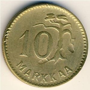 Coin: 10 Markkaa (Finland(1918~1953- Republic (1st issue)) Col:FI ...