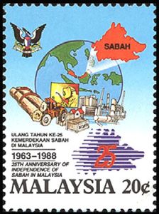 Stamp: Map, Crest of Sabah (Malaysia(Sabah and Sarawak in Malaysia, 25 ...