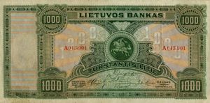Banknote: 1,000 Litu (Lithuania(1924 December 11 Issue) Wor:P-22a