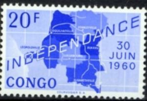 Stamp: Map of independent Republic of Congo and date '30 Juin 1960 ...
