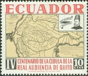 Stamp: Old Map of Ecuador and Philip II of Spain (Ecuador(Founding of ...