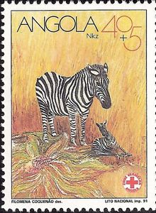 Stamp: Zebra (Equus sp.) (Angola) (Angola Red Cross, 13th Anniversary ...