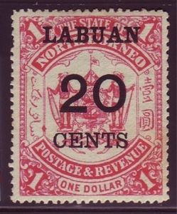 Stamp: 20 cents on 1 Dollar (Labuan(North Borneo Arms Overprinted and Surcharged (1895)) Mi:GB ...