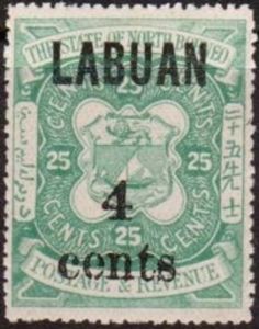 Stamp: Coat of Arms Surcharged 4 cents (Labuan(North Borneo Types Surcharged 4 Cents (1904)) Mi ...