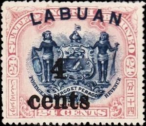 Stamp: Coat of Arms of North Borneo Surcharged 4 cents (Labuan(North Borneo Types Surcharged 4 ...