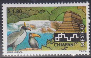 Stamp: Palenque Pyramid and Waterfalls, Chiapas; Birds (Mexico(Tourism ...