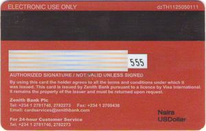 Cartões de bancos: Visa Debit Card (Zenith Bank, NigériaCol:NG-VI-0001