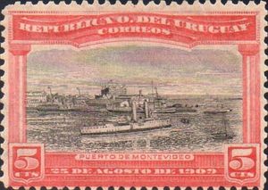 Stamp: View of the port of Montevideo (Uruguay(Opening of a part of the ...