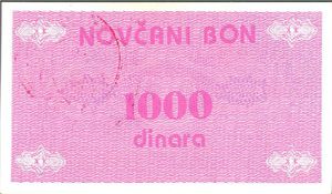 Banknote: 1,000 Dinara (Bosnia and Herzegovina(1992 ND Novcani Bon ...