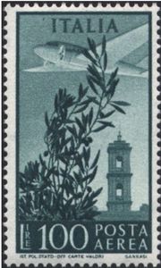 Stamp: Olive Tree, Airplane and Tower of Campidoglio (Italy(Tower of ...