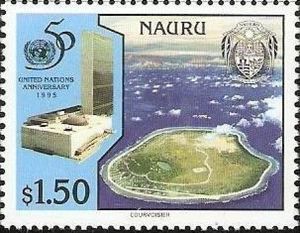 Stamp: Aerial View of Nauru, UN Building, New York (Nauru(50th ...