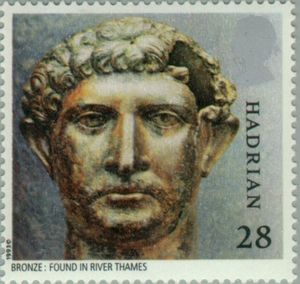 Stamp: Emperor Hadrian (bronze head) (United Kingdom of Great Britain ...