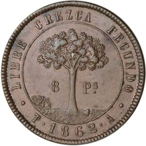 Coin: 8 Pesos (Honduras) (1862 - Provisional Coinage) WCC:km27