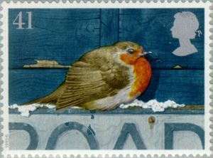 Stamp: European Robin (Erithacus rubecula) on Road Sign (United Kingdom ...