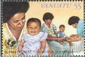 Stamp: Mother with Child, Doctor Inoculating Infant (Vanuatu(50th ...
