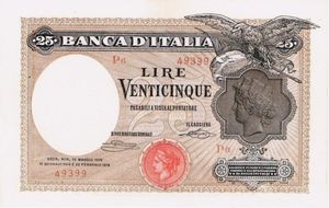 Banknote: 25 Lire (Italy(1900-1946 Kingdom of Italy (Vittorio Emanuele ...