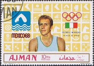 Stamp: Klaus Dibiasi (*1947), Tower jump, Italy (Ajman(Gold Medal ...