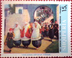 Stamp: Shkoder dancers by Kolë Idromeno (1860-1939) (Albania(Albanian ...