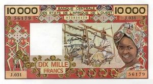 Banknote: 10,000 Francs (West African States(H for Niger) Wor:P-609 Hh