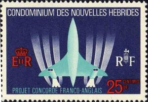 Stamp: Underside of a Concorde with contrails (New Hebrides(British ...