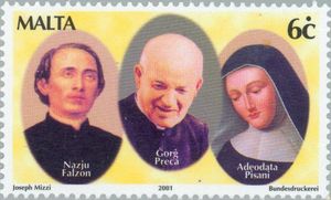 Stamp: Nazju Falzon, Ġorġ Preca and Adeodata Pisani (Malta(Visit of ...