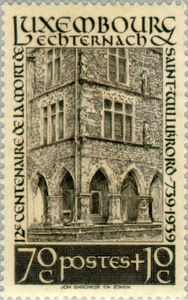 Stamp: Town Hall, Echternach (Luxembourg(St. Willibrord 1200th ...