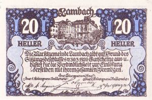 Banknote: 20 Heller (Austrian Notgeld(Lambach) Jak:496a-20