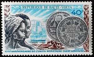 Stamp: 10 Years Westafrican Monetary Union (Upper VoltaMi:BF 383,Sn:BF ...