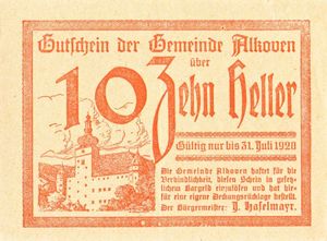 Banknote: 10 Heller (Austrian Notgeld) (Alkoven) Jak:18-Ib-10