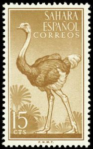 Stamp: Ostrich (Struthio camelus) (Spanish Sahara(Fauna 1957) Mi:ES-SH ...
