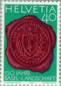 Stamp: Seal with Canton Basel Coat of Arms (Switzerland(150th ...
