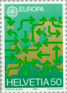 Stamp: Map of Europe with Arrows (Switzerland(Europa (C.E.P.T.) 1988 ...