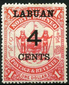 Stamp: 4 cents on 1 Dollar (Labuan(North Borneo Arms Overprinted and Surcharged (1895)) Mi:GB-LB ...