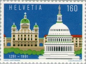 Stamp: Federal Parliament Building, Bern & Capitol, Washington USA ...
