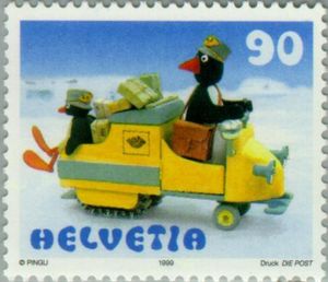 Briefmarke: Papa & Pingu in Post Snowmobile (Schweiz(Pingu Comicfigur ...