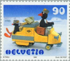 Stamp: Papa & Pingu in post snowmobile (Switzerland(Pingu Comics ...