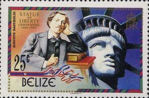Stamp: Auguste Bartholdi (sculptor) and Statue's Head (Belize(Centenary ...