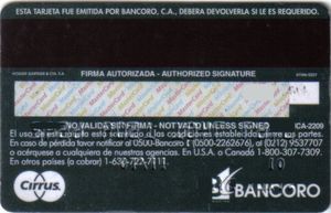 Tarjeta de Banco: Bancoro (Bancoro, VenezuelaCol:VE-MC-0120 💳