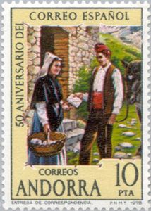 Stamp: Postman giving a letter (Andorra, Spanish Administration(Spanish ...
