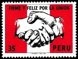 Stamp: Handshake over Peru Flag (Peru(Restoration of Democracy) Mi:PE ...
