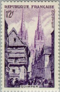 Stamp: St. Corentin cathedral, Quimper (France(Tourism 1954) Yt:FR 979 ...