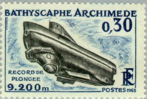 Stamp: Bathyscaphe Archimedes. Diving record 9200 m (FranceYt:FR 1368 ...