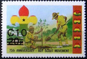 Stamp: Planting a tree - overcharged (Ghana(75 Years Scouting ...