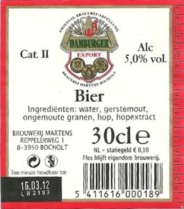 Drink Label: Damburger Export (Brouwerij Martens, Belgium) Col:BE-BEER ...