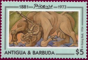 Stamp: Dying bull (Antigua and Barbuda) (Picasso's paintings) Mi:AG ...