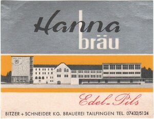 Drink Label: Hanna-Bräu Edel-Pils (Bitzer und Schneider KG, Tailfingen ...