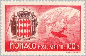Stamp: Coat of arms of Monaco, airplane over globe with map of Euro ...