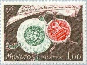 Stamp: Seal of the certificate (Monaco(450th anniv. of the independence ...