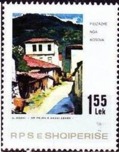 Stamp: Street of the Hadhji in Pejë of Haxhi Zeka, by Guri Madhi ...
