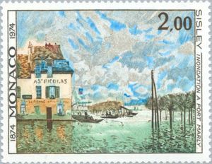 Stamp: Flood at the port of Marly; by Alfred Sisley (1839-1899) (Monaco ...